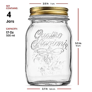Bormioli Rocco Quattro Stagioni set of 4 Clear Airtight Mason Jars, 17 Oz. Made from BPA Free Durable Glass, Made In Italy.