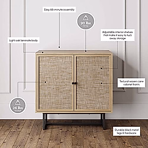 Nathan James Kova Accent Natural Storage Cabinet Sideboard Wood and Rattan with Matte Metal Frame, Adjustable Interior Shelves and Cane Doors, for Hallway, Entryway or Living Room, Light Oak/Black