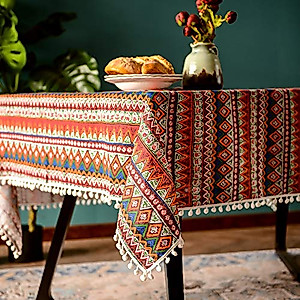 SUTAVIA Pompom Tassel Tablecloth for Bohemian Rectangle Table Covers，Wrinkle Free Linen Bohemian Style Design Table Cloth for for Dining Room, Tabletop Decoration (Red, 60"x84")
