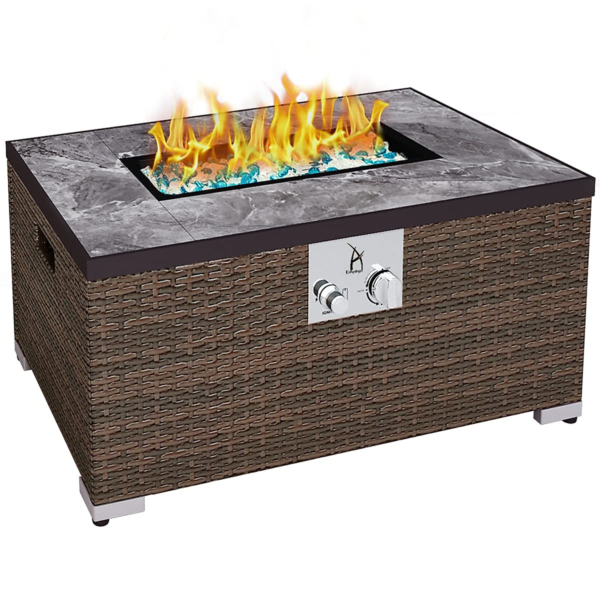 AJ Enjoy 32'' Propane Fire Pit Table, Marble Textured Ceramic Tabletop, 50,000 BTU Fire Table with Brown Wicker, Mix Color Glass Rocks, Including Lid&Cover, Rectangle, Tank Required to Be Kept Outside