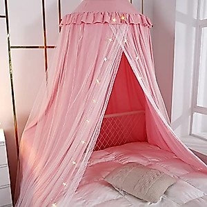 Mengersi Bed Canopy for Girls with Stars String Lights,Double Sheer Mesh Lightproof Canopy Bed Curtains Bed Netting-Extra Large for Twin Full Queen King Bed,Castle Play Tent Hanging House Décor