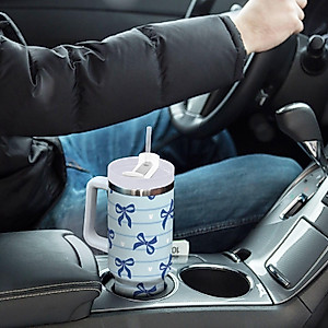 Bseiialft 40 oz Tumbler with Handle Blue Bow Heart Stripe Water Bottle with Lid and Straw Vacuum Insulated Cup Stainless Steel Travel Coffee Mug for Home Office Car