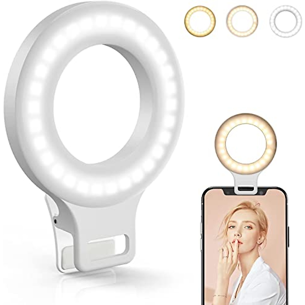 Clip on Ring Light, Kimwood Rechargeable 60 LED Selfie Ring Light for Phone, Laptop, Tablet ( 3 Models, 5 Level Brightness)