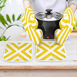 4PCS Oven Mitts and Pot Holders Sets, Yellow & White Stripes Oven Mitts Set Heat Resistant Kitchen Microwave Gloves Safe for Baking,Cooking, BBQ