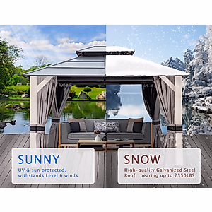 Hofzelt 10' x 12' Hardtop Gazebo, Heavy-Duty Aluminum Frame with Iron Roof, Featuring White Wood Grain Heat Transfer Pillars, Inclusive of Mosquito Netting and Privacy Sidewalls