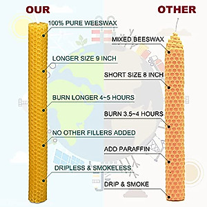 8PCS 9" Hand-Rolled Beeswax Taper Candles, Real Pure Beeswax, Handmade Honeycomb Candles, Flat Top, Brown Raw