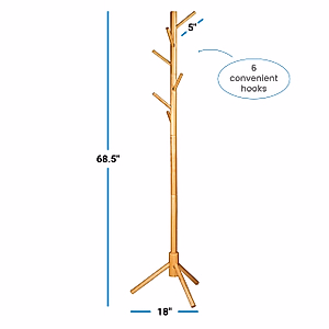 ZOBER Coat Rack Free Standing - Wooden Coat Tree W/ 6 Hooks - Coats, Purses, Hats - Adjustable Sizes, Easy Assembly - Natural