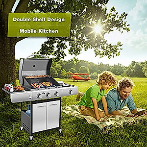R.W.FLAME 34,000 BTU Propane Gas Grill with 3-Burner,BBQ Grill with Side Burner and Cast Iron Grates Stainless Steel Grill 486 sq. in Grilling Areas for Patio Garden Barbecue Camping,Silver