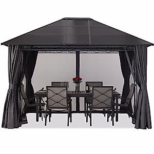 MASTERCANOPY 10x12 Outdoor Hardtop Gazebo Aluminum Frame Polycarbonate Top Canopy with Curtains and Netting, Dark Grey