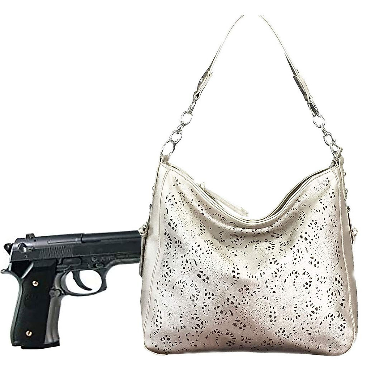 Zzfab Laser Cut Bling Hobo fashion CCW Bag Faux Leather Concealed Carry Purse Pewter