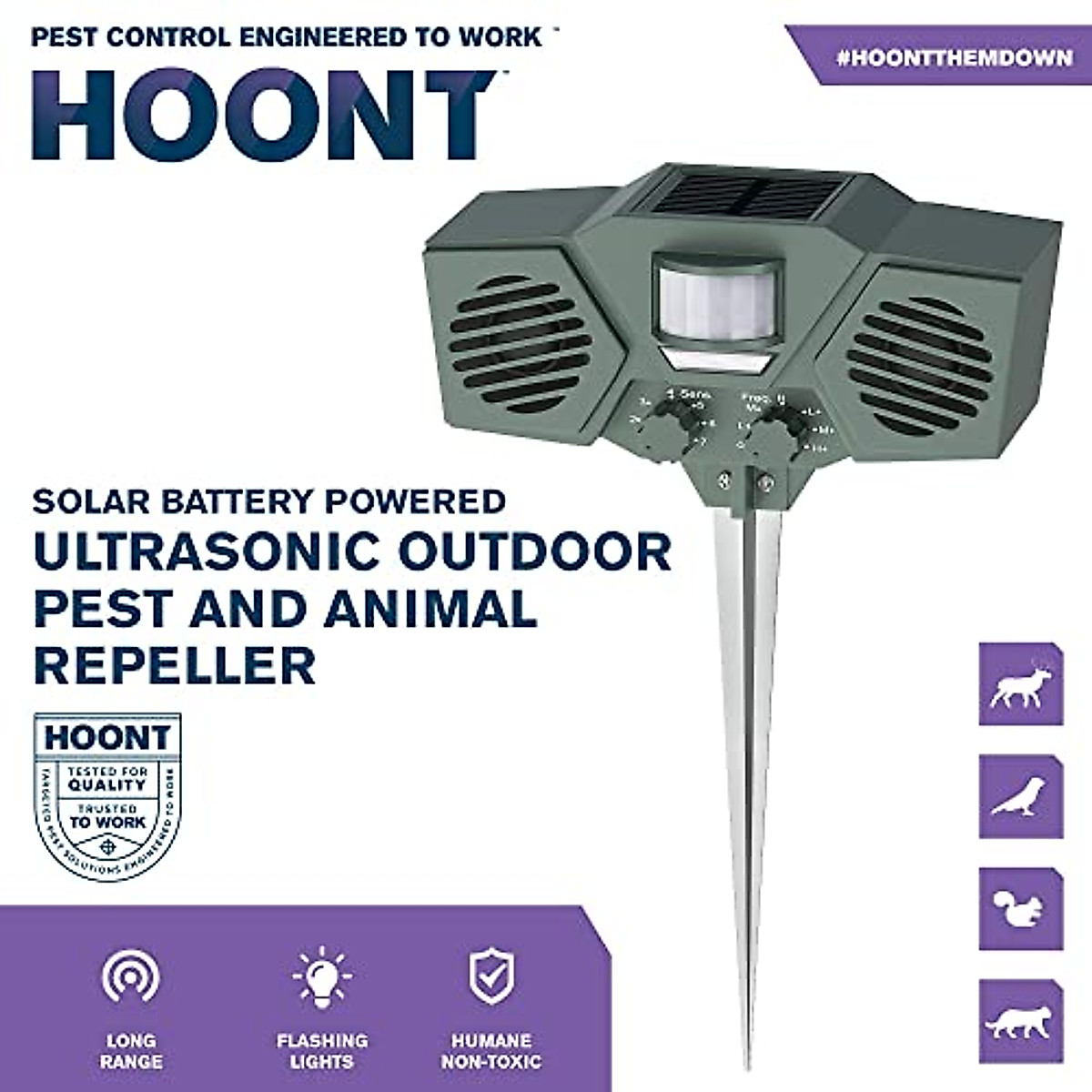 Hoont Solar Powered Motion Activated Ultrasonic with Flashing Strobe Outdoor Animal and Pest Repeller for Birds