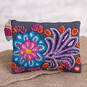 NOVICA Artisan Hand Embroidered Alpaca Clutch Floral in Slate from Peru Wool Handbags Grey Multicolor Clutches Patternedembroidered ' Midnight Delight'