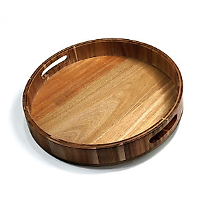 14" Wooden Tray, Natural Acacia Wood, Lazy Susan Rotating Mechanism Base Serving Tray Round, Carved Handles & Rimmed Edge Rustic Centerpiece Display