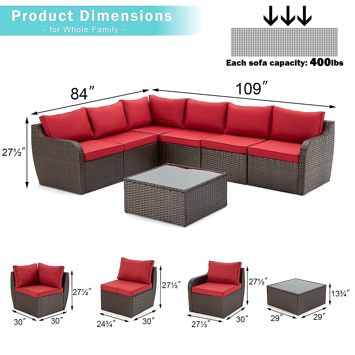 HOMREST 7 Piece Patio Furniture Set, PE Rattan Sectional Sofa, High Back Outdoor Furniture Set, Wicker Patio Conversation Set with Cushion and Glass Table for Garden, Backyard, Poolside(Khaki+Red)