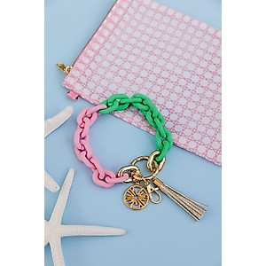 Lilly Pulitzer Chain Link Keychain Bracelet, Keychain Wristlet with Tassel, Cute Key Ring Bracelet for Women (Conch Shell Pink/Spearmint)