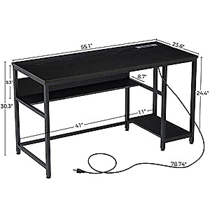 Rolanstar Computer Desk 55” with Power Outlet & Storage Shelves, Home Office PC Desk with USB Ports Charging Station, Writing Study Desktop Table with Stable Metal Frame, Black