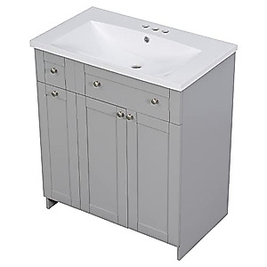 Merax 30" Bathroom Vanity W, Gray Combo Stand Storage Cabinet Set with Square White Resin Sink Top, Grey