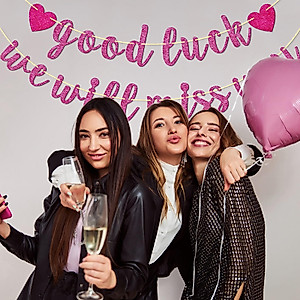 Good Luck We Will Miss You Banner for Farewell Party, Pre-strung Going Away Party Decorations for Graduation Party and Retirement Party, Hot Pink Glitter
