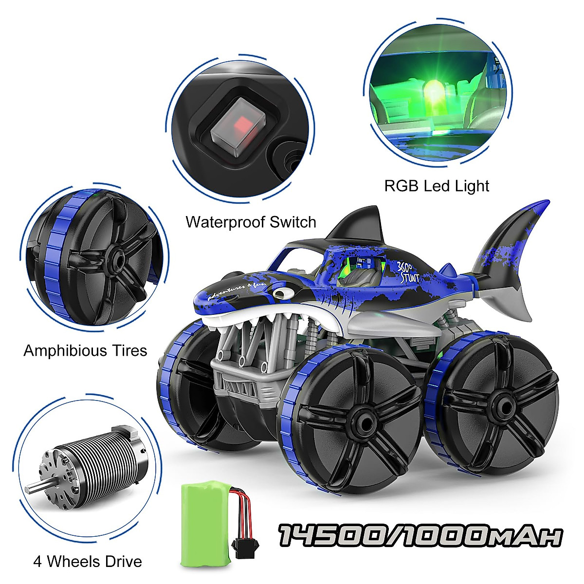 Amphibious Remote Control Car, RC Cars 2.4 GHz Working on Water, All Terrain Monster Shark Truck Stunt Car, Toys Gift for Boys Girls Age 5 6 7 8 9 10