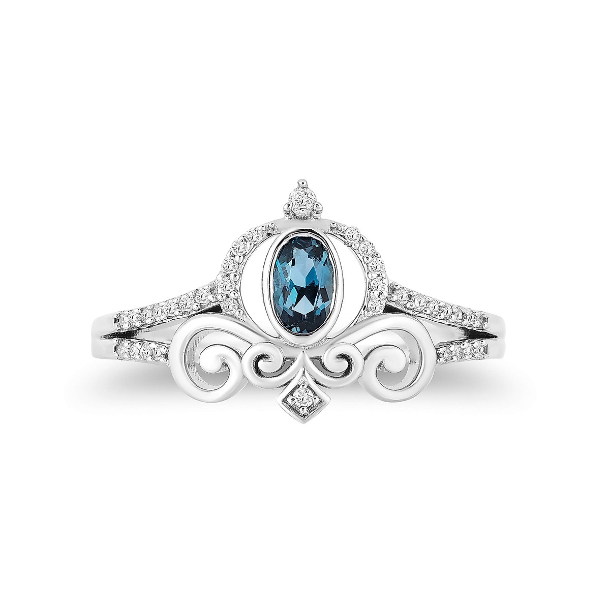 Jewelili Enchanted Disney Fine Jewelry Sterling Silver with 1/10cttw Diamonds and London Blue Topaz Cinderella Carriage Ring Size 7