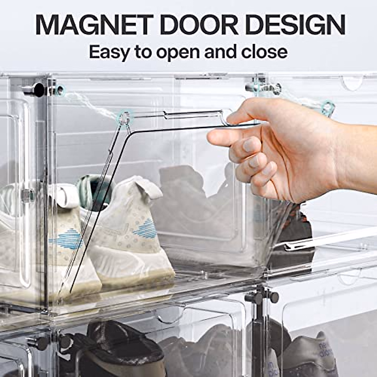 TVKB Large Clear Shoe Organizer Boxes Stackable Shoe Storage Sturdy Hard Plastic Shoe Box with Magnetic Front Door for Closet, Easy Assembly, Fit Up to Size 12(13.4"*10.6"*7.4)