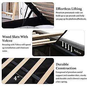 Zanmintaobo Queen Bed Frame with Storage, Upholstered Platform Bed with Lift up Hydraulic System, Linen Fabric Wingback Headboard, Wood Slats Support, Easy Assembly, No Box Spring Needed, Dark Grey