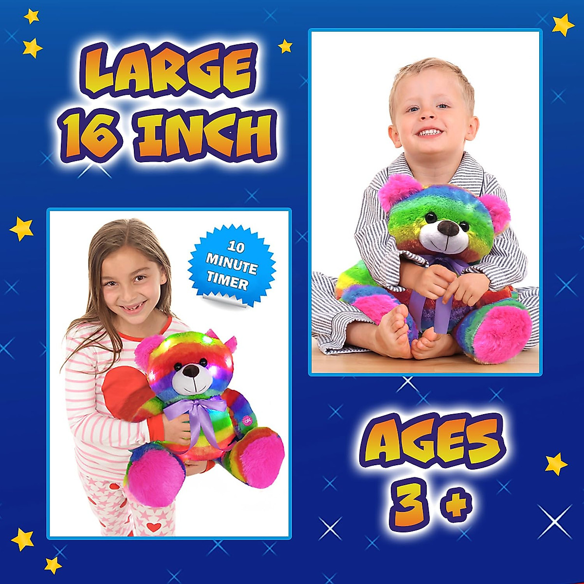 The Noodley Rainbow Lites Light Up Teddy Bear Stuffed Animal Plush LED Night Light Sleep Toy for Girls (16 inch, Batteries Included)