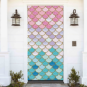 ZDX Mermaid Scales Door Banner Gold Glitter Purple Pink Blue Photo Backdrop Decor Princess Baby Shower Mermaid Birthday Party Door Hanger Cover Sign Supplies Poster Background Decor 72.8 x 35.4in