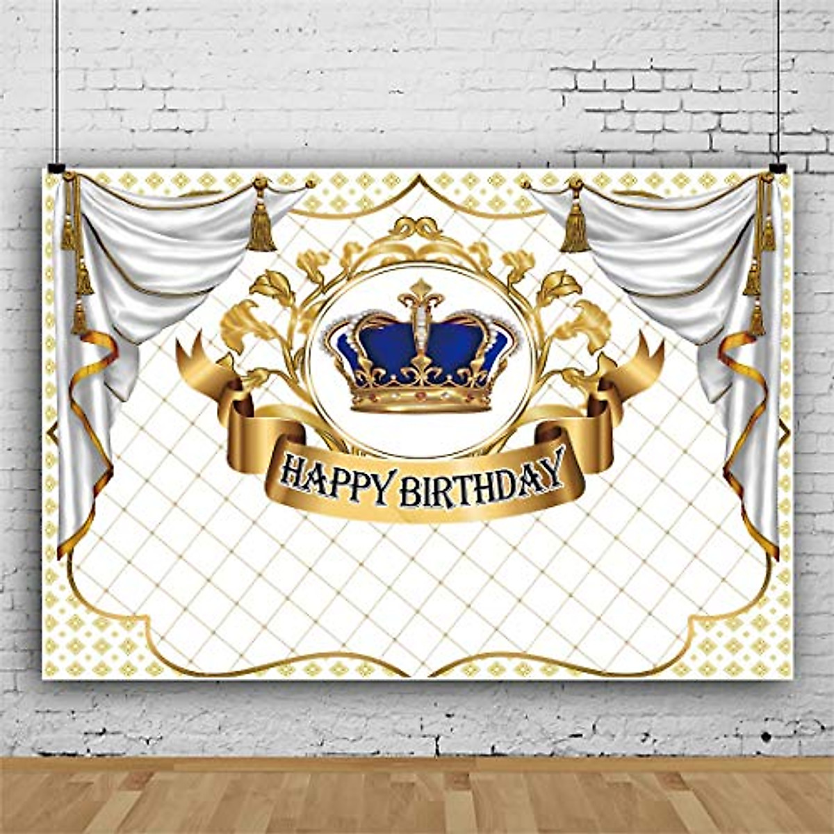 DORCEV 6x4ft Royal Prince Happy Birthday Backdrop Newborn Boys 1st Birthday Party Photography Background Luxurious Blue Gold Crown Lattice Curtain Texture Decor Banner Cake Table Decor Wallpaper