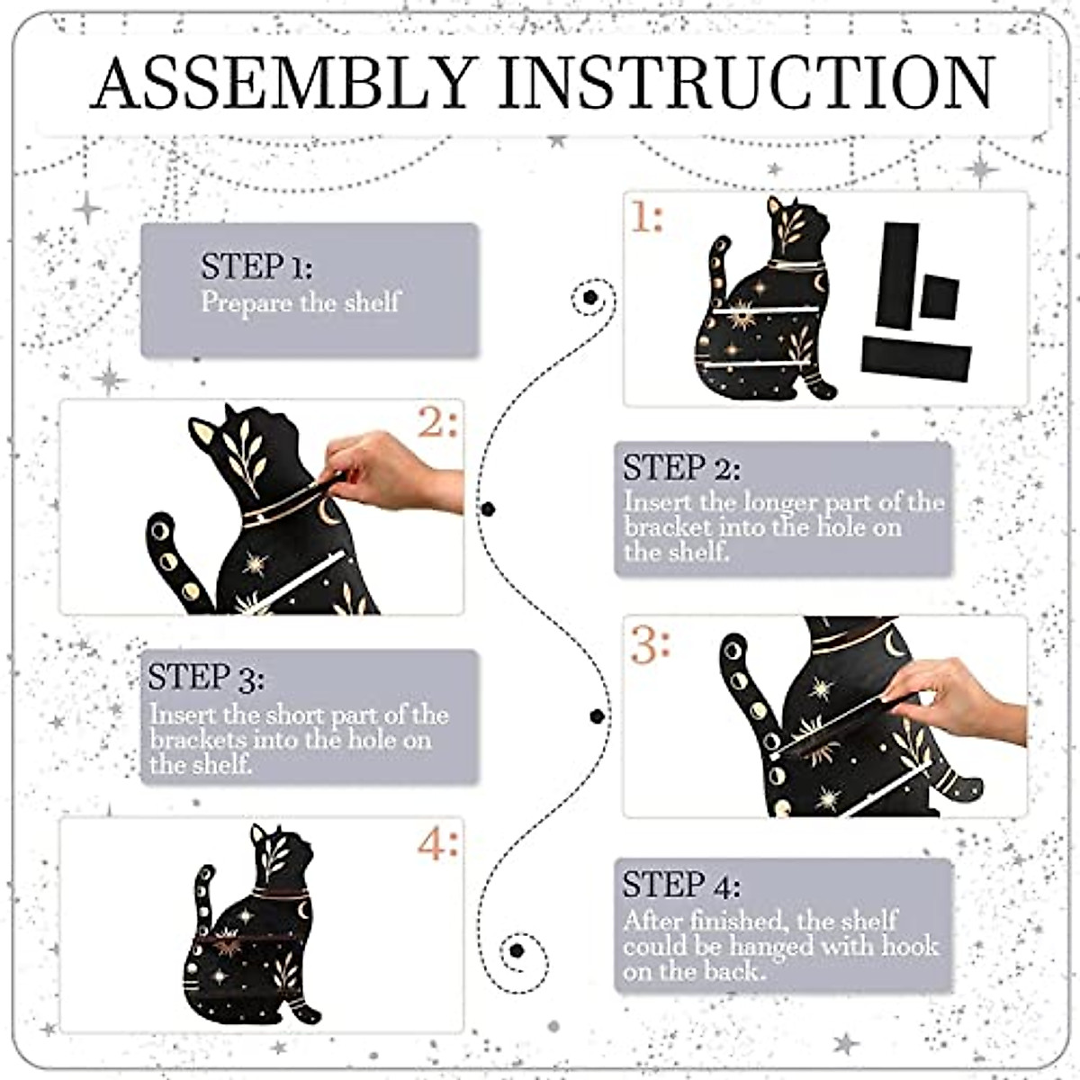 Migno Cat Moon Shelf,Rustic Wooden Black Cat Display Shelf | Wall Mounted Crystal Display Shelf Decorative Crystal Organizer for Living Room Yoga Room