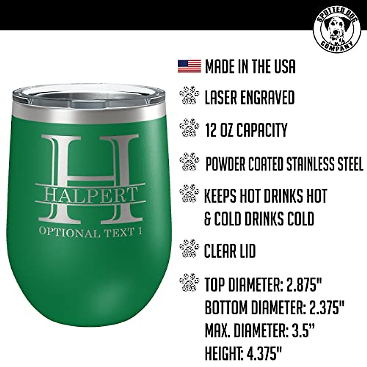 Personalized 12oz (17 Colors) Powder Coated Stainless Steel Stemless Wine Tumbler with Lid, Custom Etched, Customized Gift for Women Her, Wine Lover, Halpert Monogram Initial Name (Green)