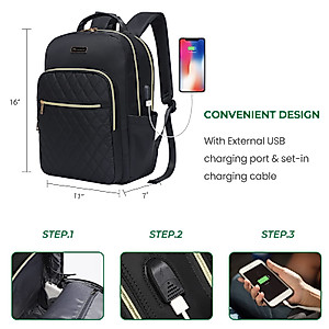 Modoker Womens Laptop Backpack 15.6-Inch Laptop & Tablet, Quilted Slim Laptop Backpack for Business Work Travel with USB Charging Port, Fashion College School Bookbag Casual Daypack, Black