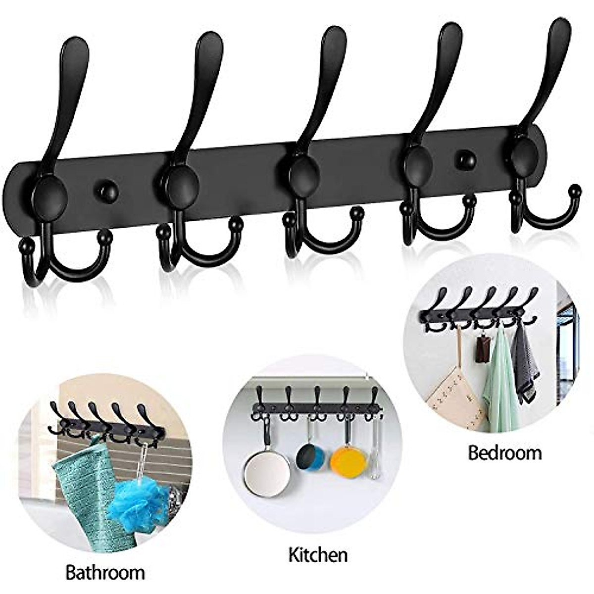 VASGOR 2pcs Heavy Duty Wall Mount Coat Hook, Stainless Steel Rack of 5 Tri Hooks for Coats, Towels, Purse Robes Keys and Hats Multi Purpose for Kitchen, Bedroom, Bathroom, Entryway (Black)