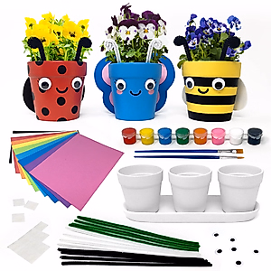 Pinwheel Crafts Flower Pot Kit - Set Comes with 3 Planters, 8 Paints, 2 Brushes & Much More - Paint Your Own Pot Set Garden Kit for Kids - Arts and Crafts for Kids Ages 4-8 (Original)