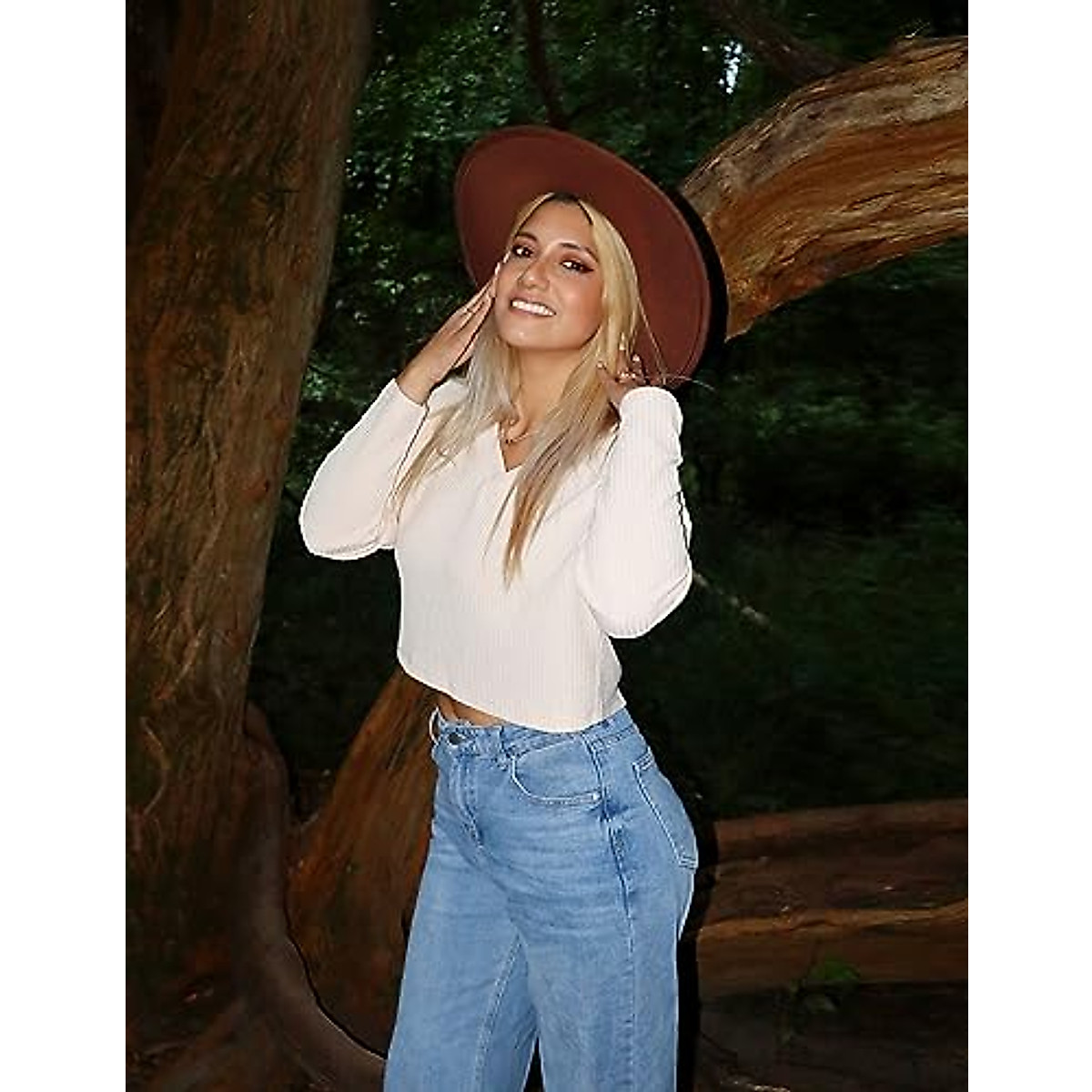 Zeagoo Women Waffle Knit Shirts Cropped Long Sleeve Top Fashion V Neck Pullover Sweaters White