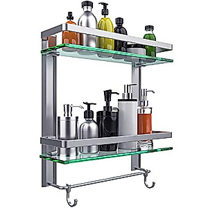 Vdomus Bathroom Tempered Glass Shelf with Towel Bar Wall Mounted, Brushed Silver Finish (2 Tier + 1 Tier)