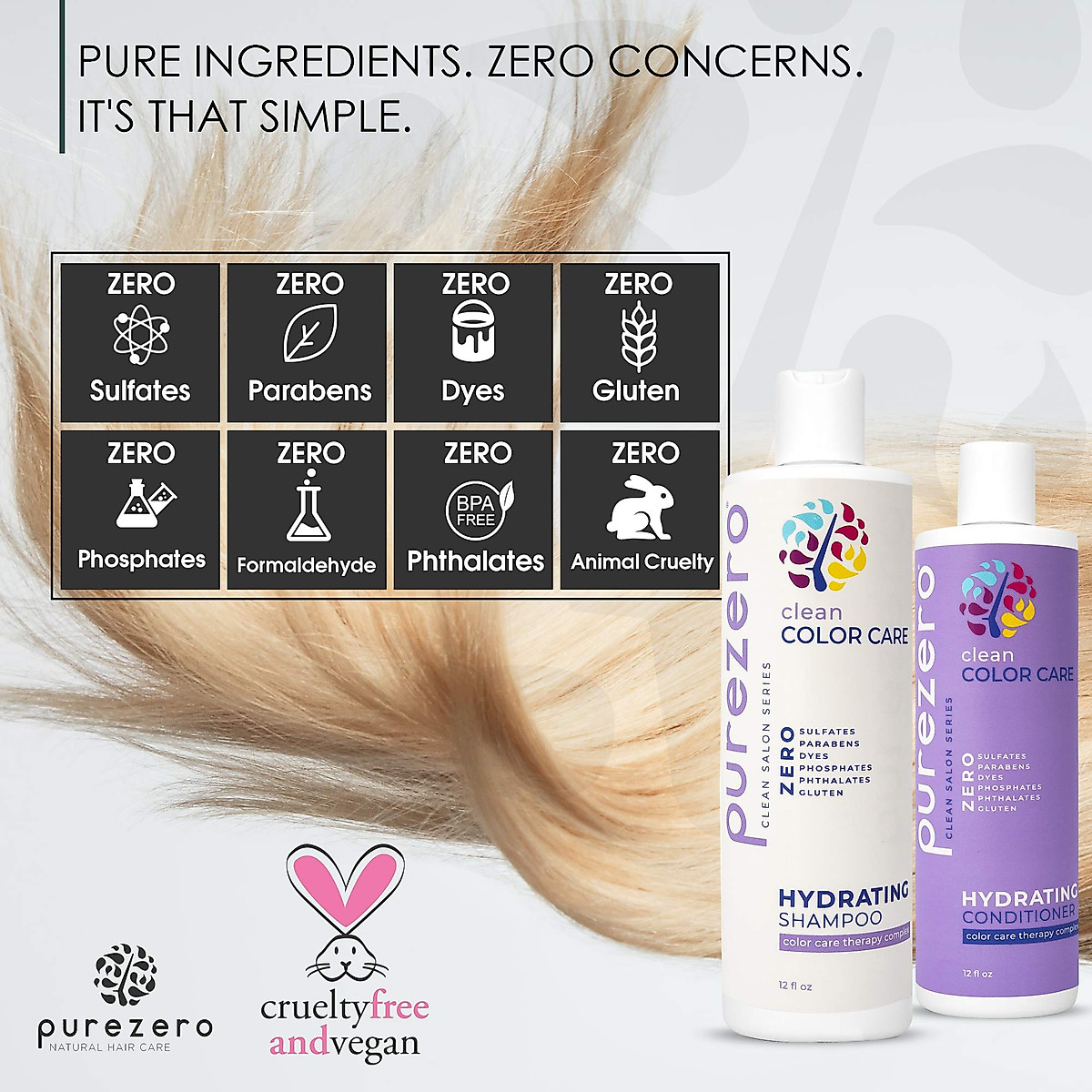 Purezero Clean Color Care Hydrating Shampoo & Conditioner Set - Toning, Balance for Color Treated Hair - Hydrate Dry Hair - Zero Sulfates, Parabens