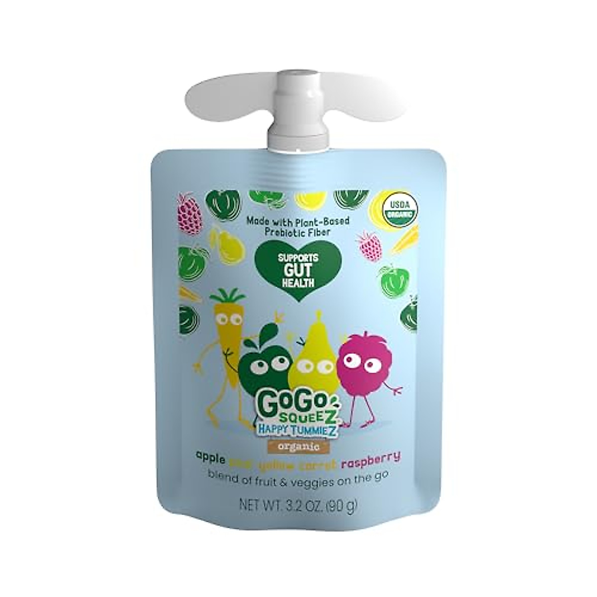 GoGo SqueeZ Happy TummieZ Organic Apple Pear Yellow Carrot Raspberry, 3.2 Oz (Pack of 4), Kids Snacks with Prebiotic Fiber, Gluten Free, Nut Free, Dairy Free Gut-Friendly Snack
