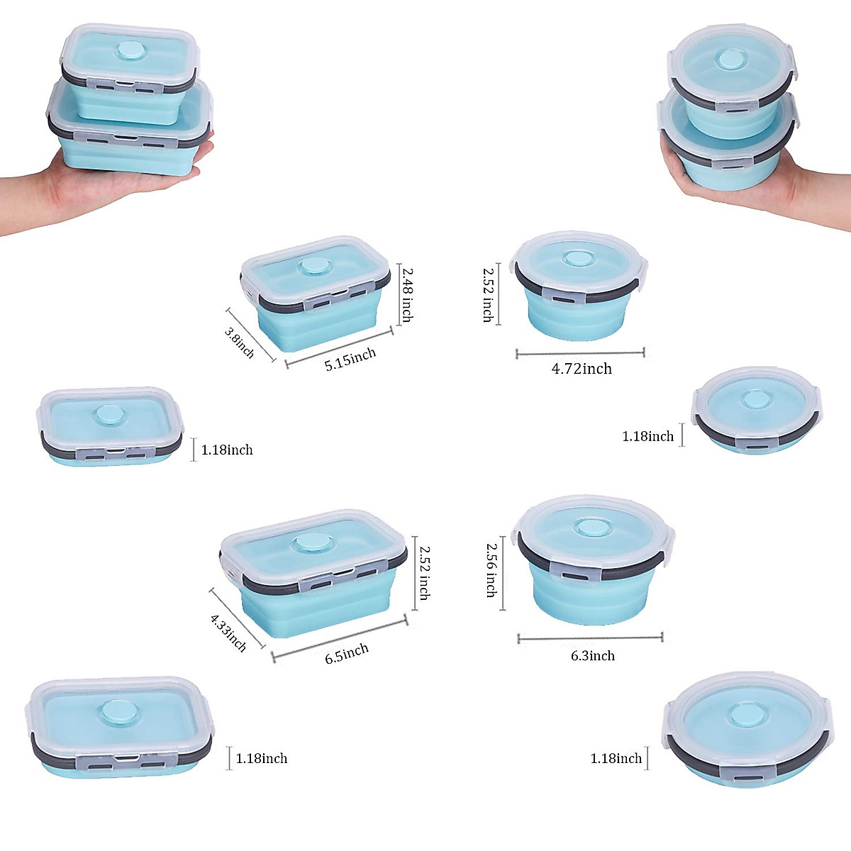 KUON Collapsible Silicone Food Storage Containers with Airtight Lids, Set of 4 Stacking Container, Microwave and Freezer and Dishwasher Safe, with Vent Valve, BPA Free (350ml and 500ml)