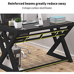 IPKIG Glass Desk, Modern Computer Desk with Carbon Steel Frame and Glass Top, Home Office Desks Computer Table Study Writing Desk Workstation for Living Room, Black (55.1 Inch)