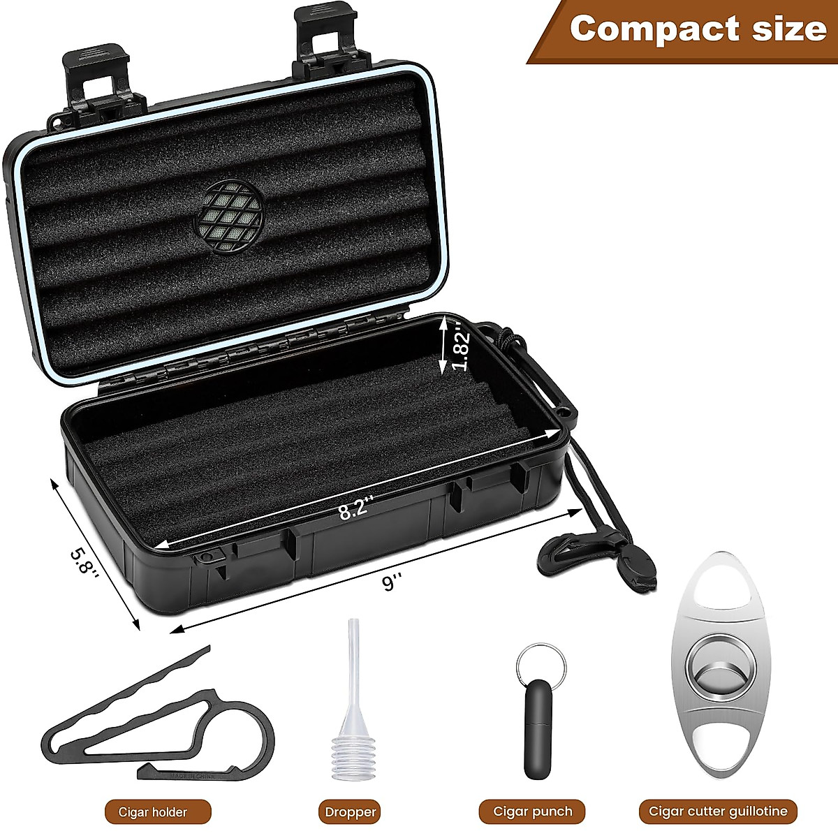 Flauno Travel Cigar Humidor Case - Portable Cigar Box kit with Humidifier Disc, Cigar Cutter, Cigar Punch, Cigar Holder & Dropper, Waterproof, Crushproof, Airtight (Holds up to 10 Cigars)