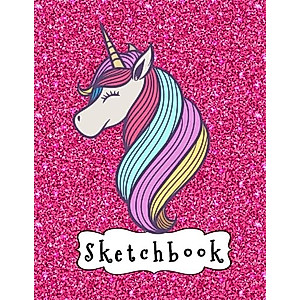 Sketchbook: Cute Unicorn On Pink Glitter Effect Background, Large Blank Sketchbook For Girls, 110 Pages, 8.5" x 11", For Drawing, Sketching & Crayon Coloring (Kids Drawing Books)