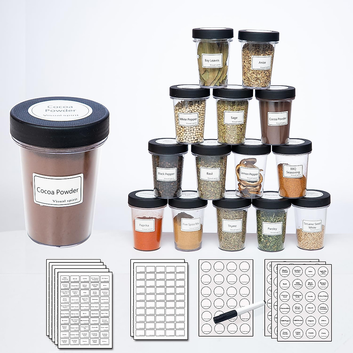 14 PCS Spice Jars storage containers,6 oz, heavy calibre Jars NOT NEED Collapsible Funnel, with Lids Spice Labels Stickers,PETG materials， (black)