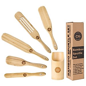 Spurtle Set Bamboo Spurtles Kitchen Tools - Spurtle Wooden cooking Utensils set - Nonstick wooden Cooking Utensils- Wooden Spurtle Set 5 spatula with Utensil holder-Stir, Scrape, Smash.
