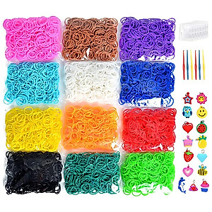 5400+ Colorful Rubber Bands Refill Set Includes: 4800+ Premium Quality Loom Rubber Bands in 12 Unique Colors + 300 S-Clips + 15 Lovely Charms + 6 Crochet Hooks, No Loom Board Include.