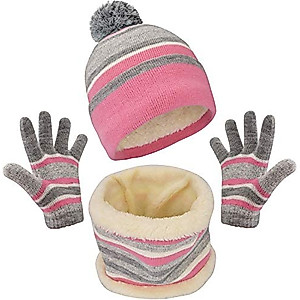 Girls Winter Hat Scarf and Glove Set for 3-7 Years Old Toddler Daughter Soft Fleece Lined Pom Beanie with Gloves