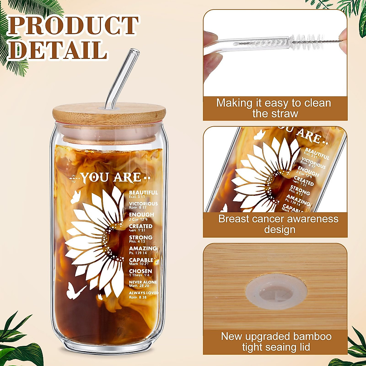 Suttmin 6 Pcs Christian Gifts for Women Religious Gifts Iced Coffee Cups, 16 Oz Drinking Glasses with Bamboo Lids and Straw Set Inspirational Birthday Gifts for Sister, Friend, Mom, Coworker