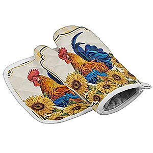 Oven Mitts Set Non-Slip Kitchen Gloves with Potholders Farm Country Rooster And Sunflower On Yellow Buffalo Plaid Super Insulated Mitt Set for Baking,Grilling,BBQ 2Pcs