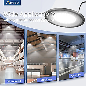 Amico 4 Pack UFO LED High Bay Light 150W 21,000lm 5000K with UL Listed US Hook 5' Cable Alternative to 650W MH/HPS for Gym Factory Barn Warehouse Lighting Fixture