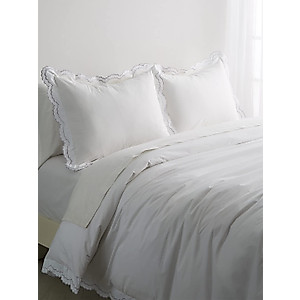 Double Scalloped Percale Weave Embroidered Full and Queen Size White Duvet Set 300 Thread Count 100% Cotton - Cool Crisp - Luxury Hotel Bedsheet - Oeko Tex Certified Deep Pocket - Gray Piping on Edges
